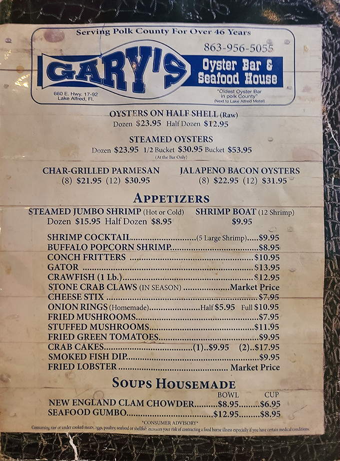 This menu isn't just a list of dishes—it's a treasure map to seafood paradise. Those oyster preparations alone are worth the drive!