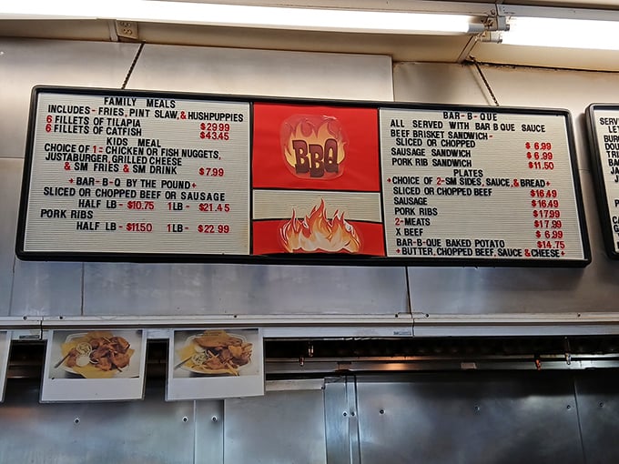 The menu board tells a delicious story in three acts: seafood, barbecue, and burgers. A Texas trinity if there ever was one.