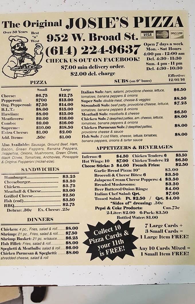 This menu isn't just a list—it's a historical document of deliciousness. The "Original Pepperoni" isn't just a name; it's a promise.