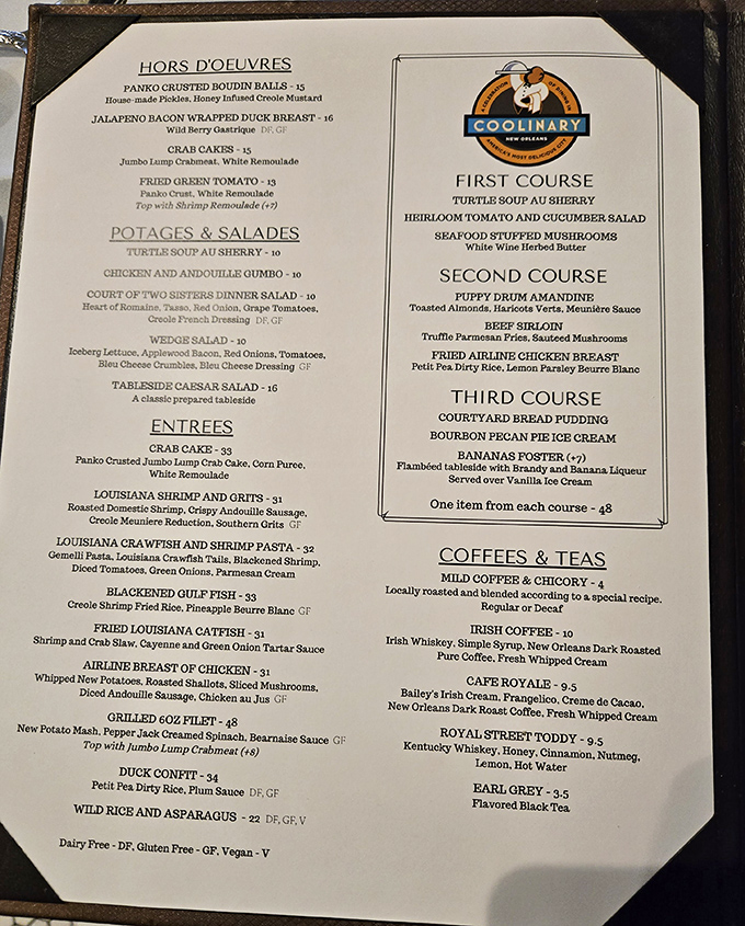This menu reads like a love letter to New Orleans cuisine—turtle soup, crawfish, and bananas foster are just the opening verses.