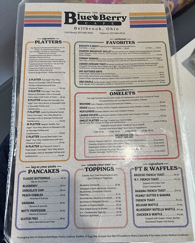This isn't just a menu—it's a roadmap to breakfast nirvana. Study it carefully; life-changing decisions about pancakes and omelets await.