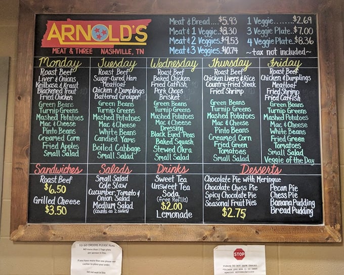 This chalkboard menu isn't just a list—it's a daily love letter to Southern cuisine that changes with the rhythm of the week.