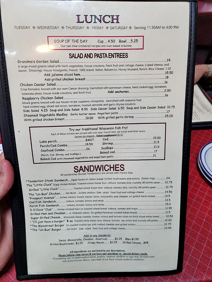 The menu reads like a love letter to Wisconsin supper club traditions—each item promising the kind of satisfaction that makes the drive worthwhile.