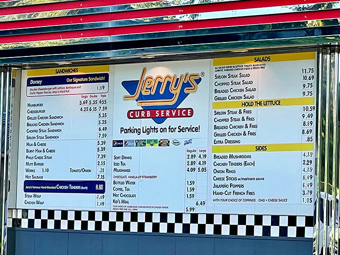 This menu board isn't just listing food; it's offering a passport to comfort. Note the "Parking Lights on for Service!" instruction—pure Americana.