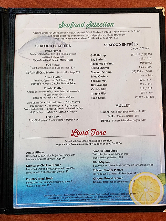 The menu reads like a love letter to the Gulf—multiple ways to enjoy the ocean's bounty without pretense or unnecessary flourishes.