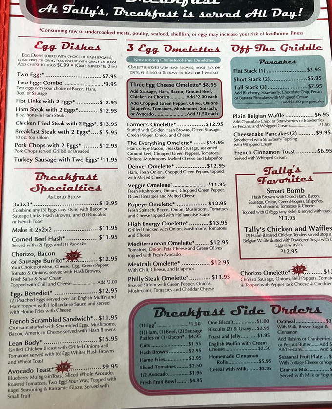 A menu that reads like a love letter to breakfast. When they say "served all day," it's not a policy—it's a philosophy.
