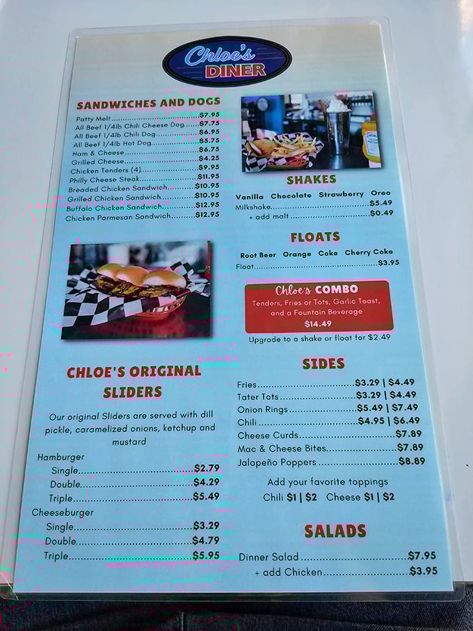 The menu reads like a love letter to American comfort food classics. Those chicken tenders aren't just listed—they're practically highlighted with invisible neon.