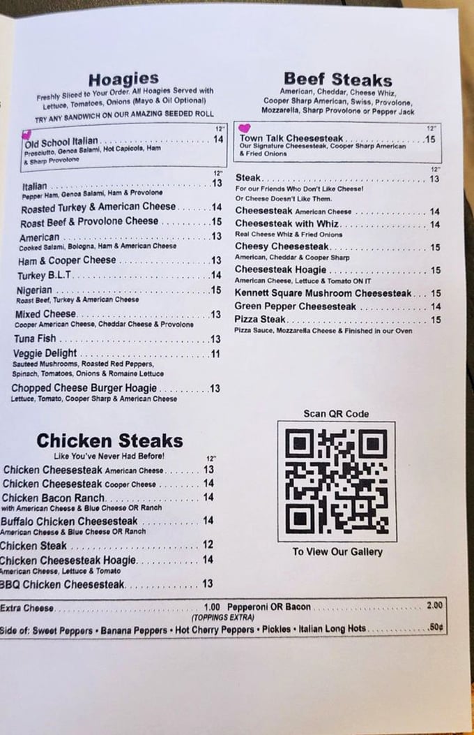 This menu isn't just a list—it's a roadmap to sandwich nirvana. The "Town Talk Cheesesteak" isn't just named that for show.