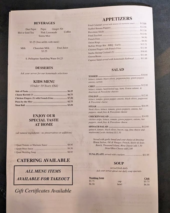The menu reads like a love letter to Italian-American classics. Wedding soup, stuffed peppers, and provolone sticks—the holy trinity of Pittsburgh appetizers.