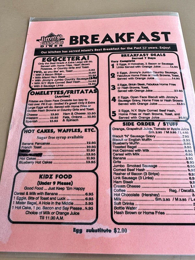 The pink menu – a roadmap to breakfast nirvana with "EGGCETERA!" promising all the morning classics your cholesterol-watching doctor warned you about.