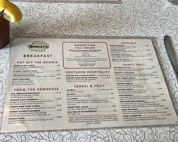 The breakfast menu reads like a love letter to morning indulgence, with sections like "From the Henhouse" and "Southern Hospitality" promising stick-to-your-ribs satisfaction.