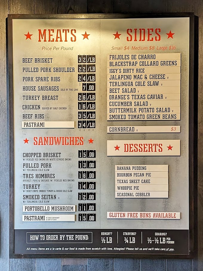 This menu isn't just a list—it's a roadmap to happiness. Each item represents hours of smoking dedication and generations of barbecue wisdom.