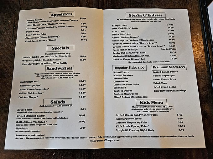 A menu that cuts right to the chase—steaks, comfort food, and weekly specials that give locals something to look forward to.
