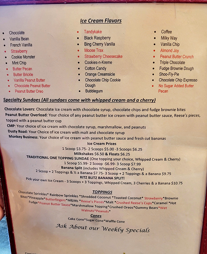 This ice cream menu isn't just a list—it's a roadmap to happiness with flavors like "Moose Trax" and "Tandykake" that speak Pennsylvania's sweet language.