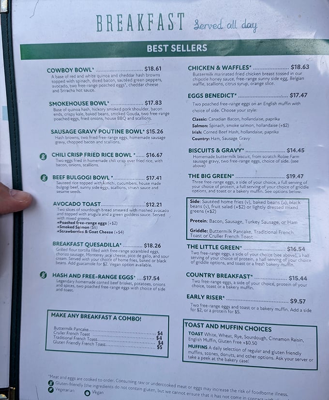 This menu isn't just a list of food—it's a roadmap to happiness. The "Breakfast Served All Day" header might be the three most beautiful words in the English language.