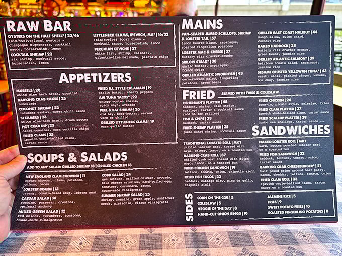 The menu boards promise everything from steamers to swordfish, all served with that casual Boston waterfront attitude you crave.