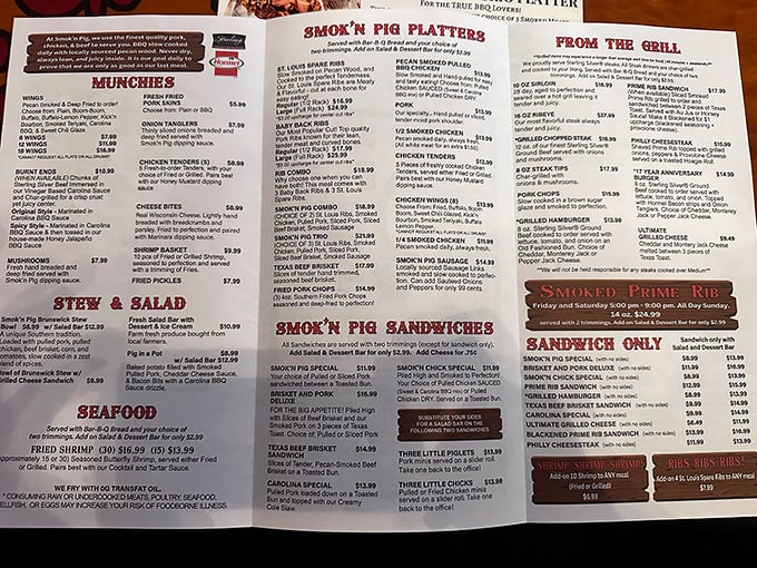 The sacred text of Smokin' Pig – a menu that reads like a love letter to meat. Choose your own adventure, but there are no wrong turns.