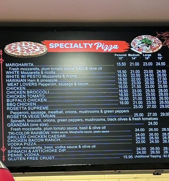 The menu board of dreams—where decisions get serious and pizza fantasies become reality. No wrong choices here, folks.