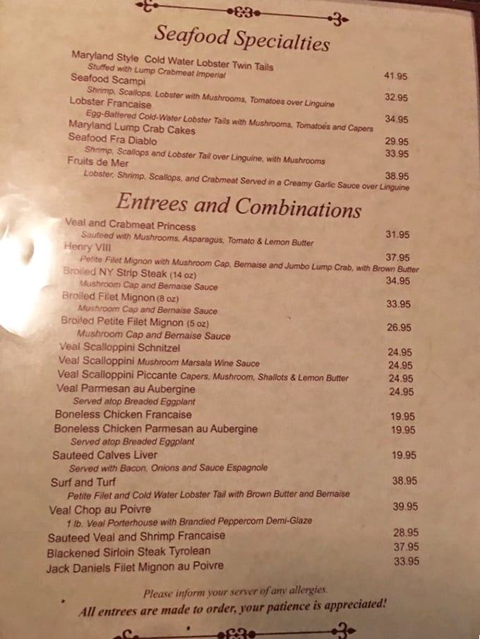 The menu reads like poetry for seafood lovers – Fruits de Mer, Seafood Scampi, and Lobster Francaise beckon with irresistible promise.