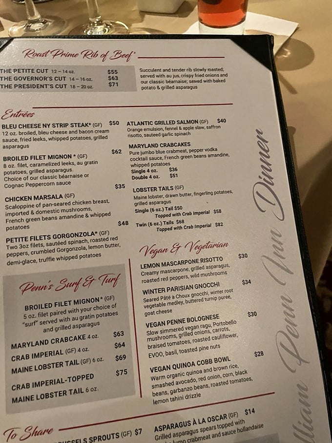 A menu that reads like a love letter to classic American cuisine, with prime rib taking center stage in three magnificent cuts—Petite, Governor's, and the presidential-sized President's Cut.