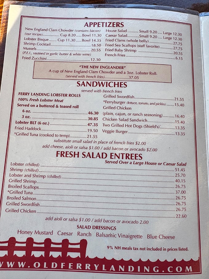 A menu that reads like poetry to seafood lovers. Notice "The New Englander" – the culinary equivalent of hitting the jackpot on your first pull.