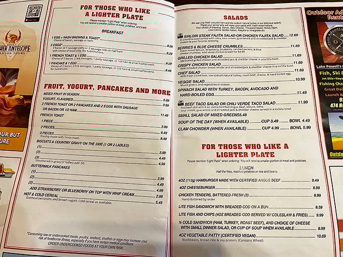This menu isn't trying to impress with fancy fonts or pretentious descriptions—it's promising honest food that'll hug your insides like a long-lost friend.