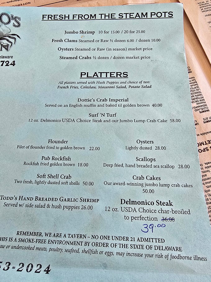 This isn't just a menu—it's a treasure map. X marks the spot where "award-winning jumbo lump crab cakes" turns ordinary days into celebrations.