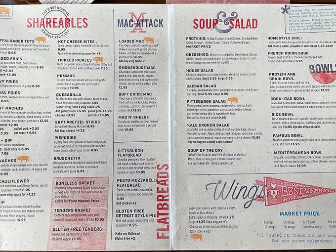 The menu tells the whole delicious story—from shareables to flatbreads, but let's be honest, you're here for what's listed on the right.