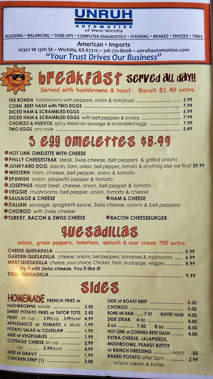 This menu isn't just laminated—it's a roadmap to happiness. The "Junkyard Dog" omelet alone is worth the trip.