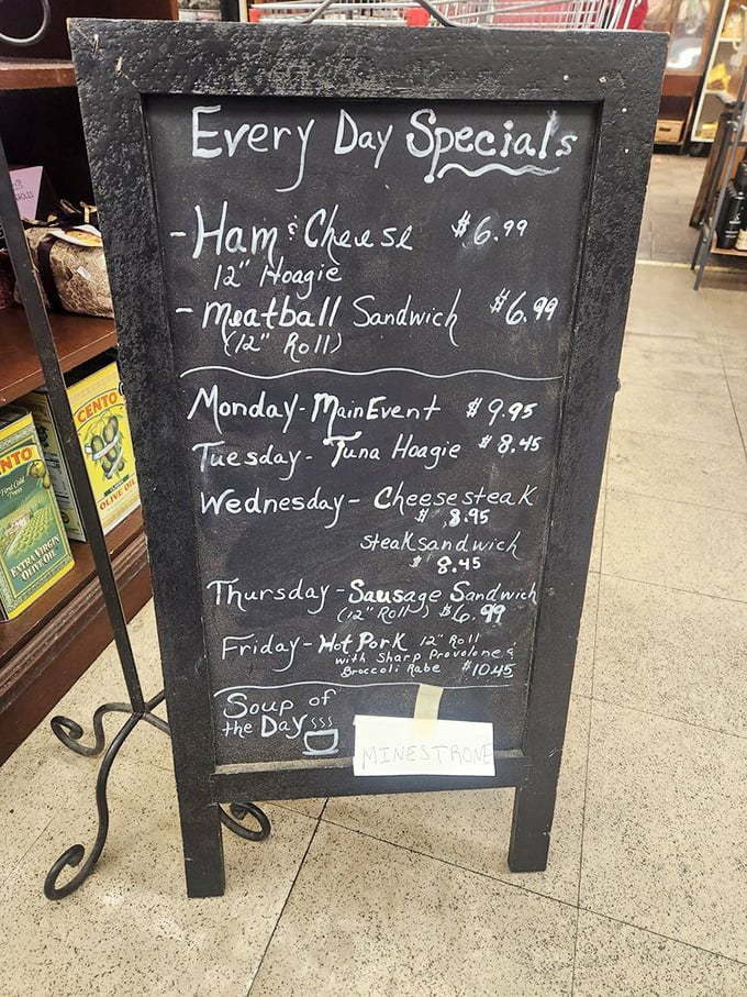 Daily specials scrawled on a chalkboard—the universal sign that you're about to eat something made with actual care rather than corporate calculation.