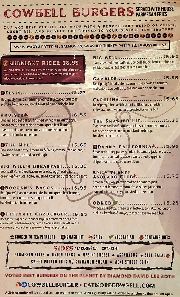 This menu isn't just a list—it's a roadmap to happiness. Each burger name promises its own adventure, from the Elvis to the Midnight Rider.