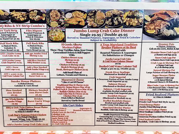 This menu isn't light reading—it's a maritime manifesto. The red highlights guide you to the treasures like X marks the spot on a pirate's map.