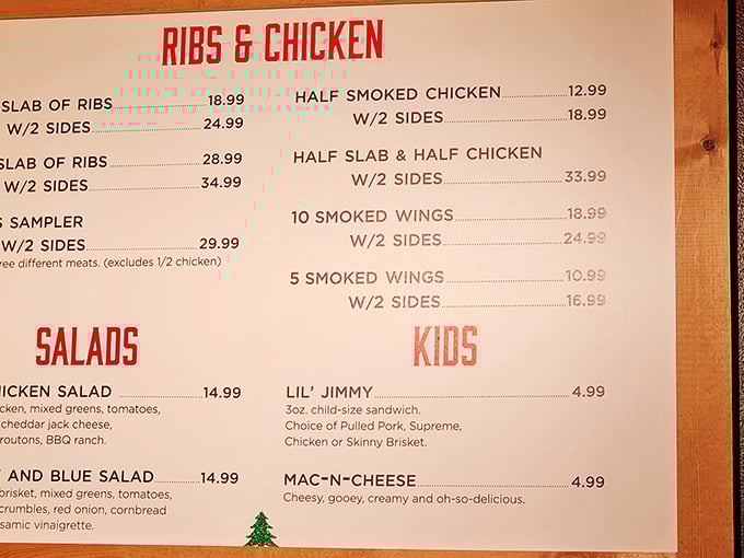 A menu that cuts right to the chase—ribs, chicken, and all the fixings that make life worth living.