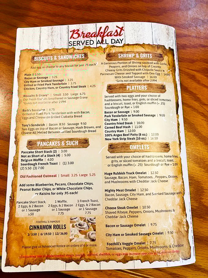 The breakfast menu reads like a love letter to Southern morning classics, with those legendary biscuits and gravy taking center stage in this culinary drama.