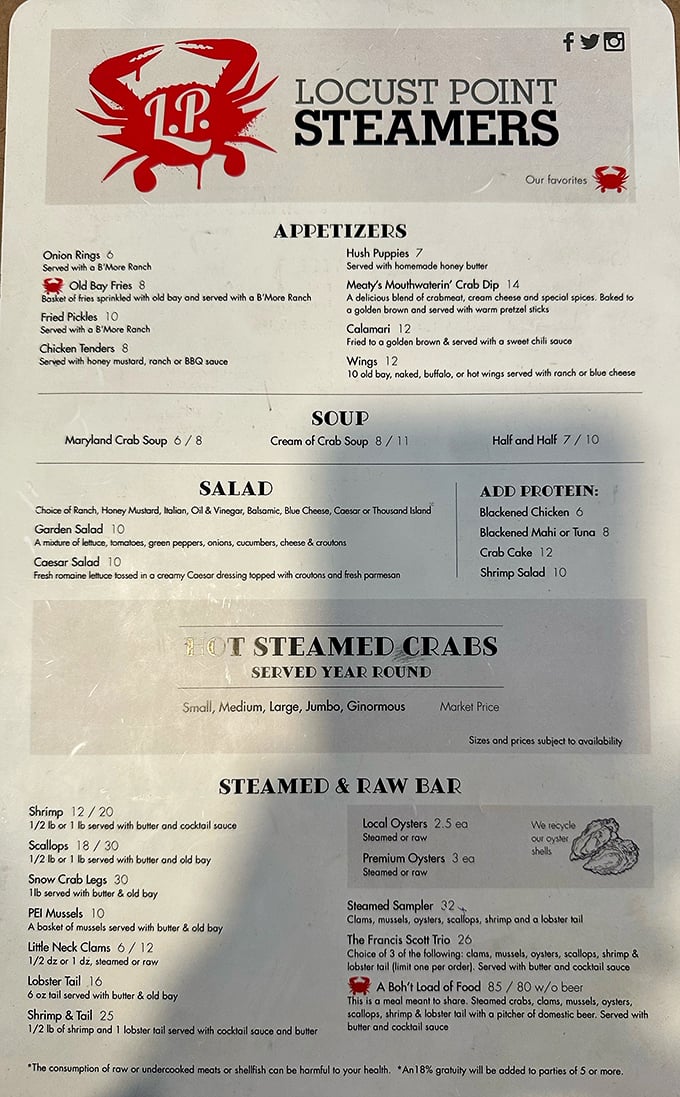 The menu reads like a love letter to the Chesapeake Bay, with "HOT STEAMED CRABS SERVED YEAR ROUND" proudly taking center stage.