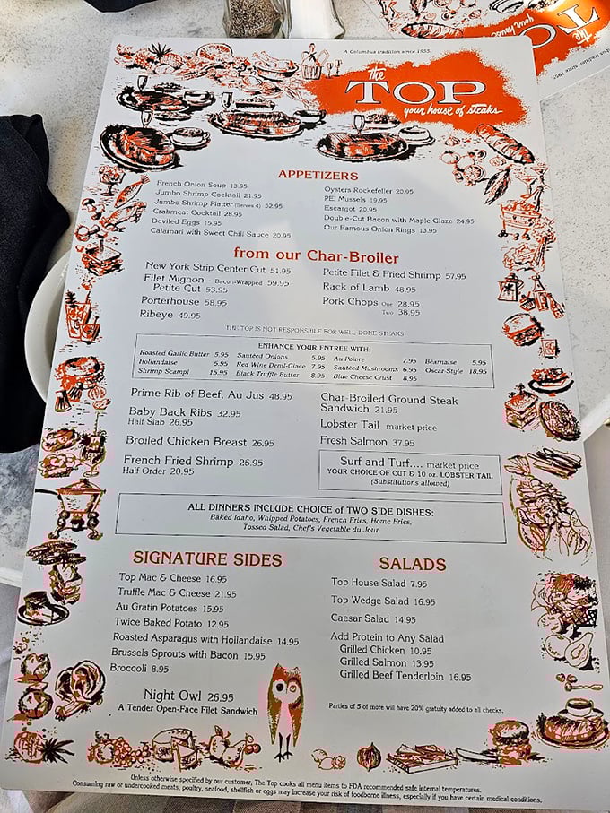 This menu isn't just a list of food—it's a declaration that some traditions, like perfectly cooked steaks and classic sides, never need reinvention.