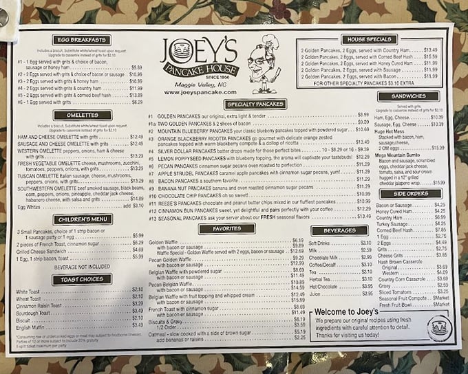 A menu that reads like breakfast poetry—each specialty pancake its own delicious verse. Decision paralysis has never been so delicious.