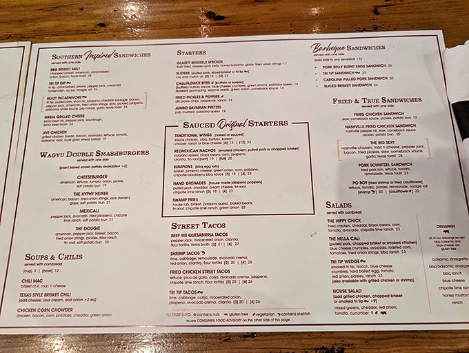 The menu reads like a love letter to American barbecue traditions – a paper passport to a cross-country meat pilgrimage without leaving your seat.