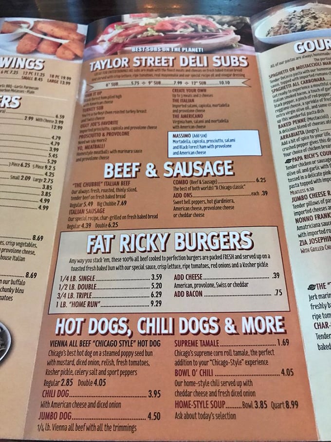 The menu reads like a love letter to Chicago comfort food classics—from Taylor Street subs to Vienna beef hot dogs, each promising a taste of local tradition.