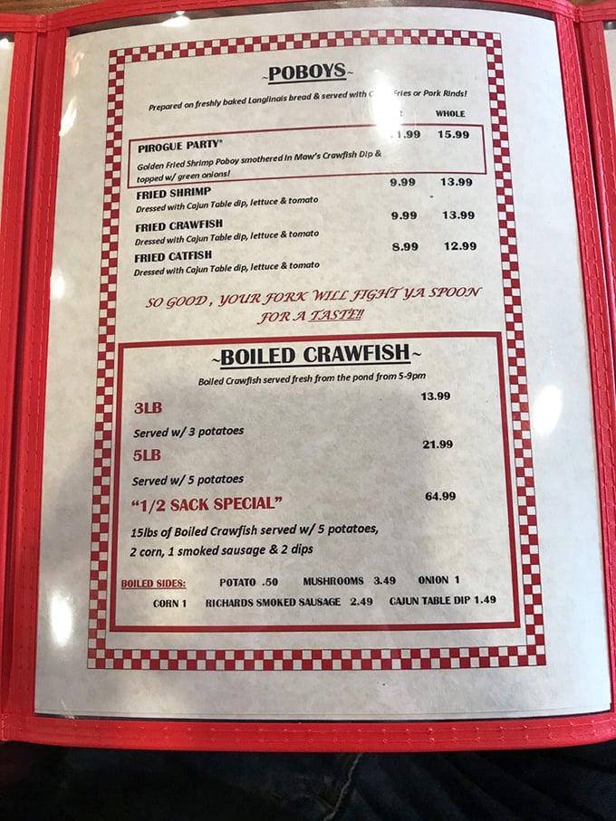 This menu isn't just a list of options—it's a declaration of Louisiana pride where "your fork will fight ya spoon for a taste!"