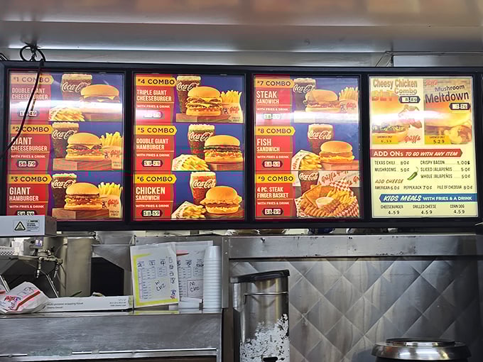 The illuminated menu board—a stained glass window for the church of comfort food. Decisions, decisions, all of them deliciously right.