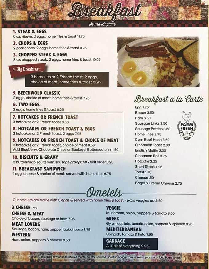 A breakfast menu that reads like comfort food poetry, where simple descriptions promise extraordinary morning satisfaction ahead.