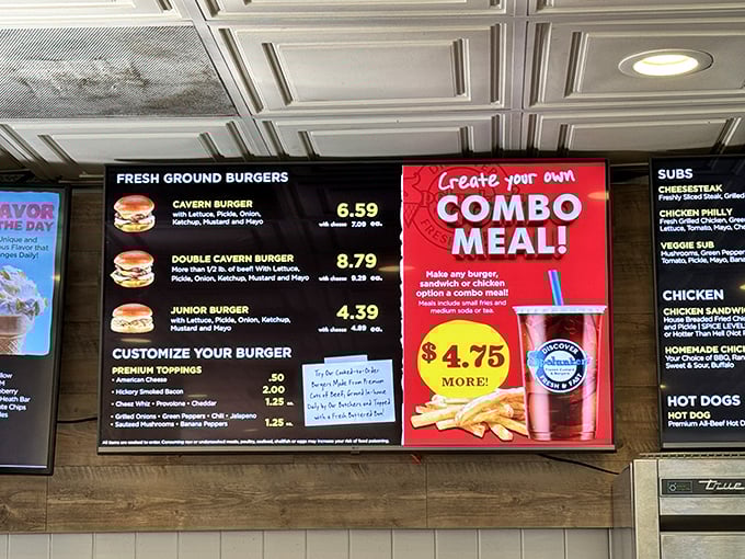 The menu board tells no lies: "Fresh Ground Burgers" isn't marketing speak—it's a solemn promise they keep with every juicy patty.