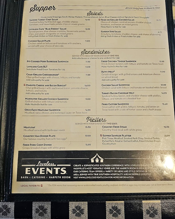 A menu that reads like a love letter to Southern cuisine. Each item promises comfort wrapped in tradition and served with a side of nostalgia.