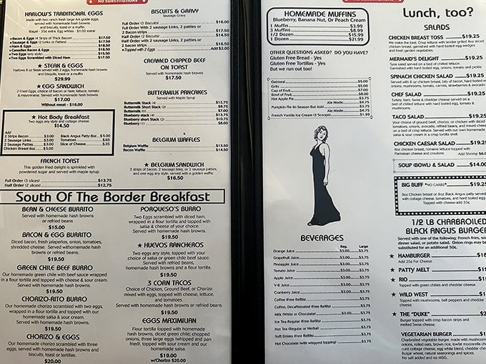This menu isn't just a list of food—it's a roadmap to happiness. The "South of the Border Breakfast" section alone deserves its own zip code.