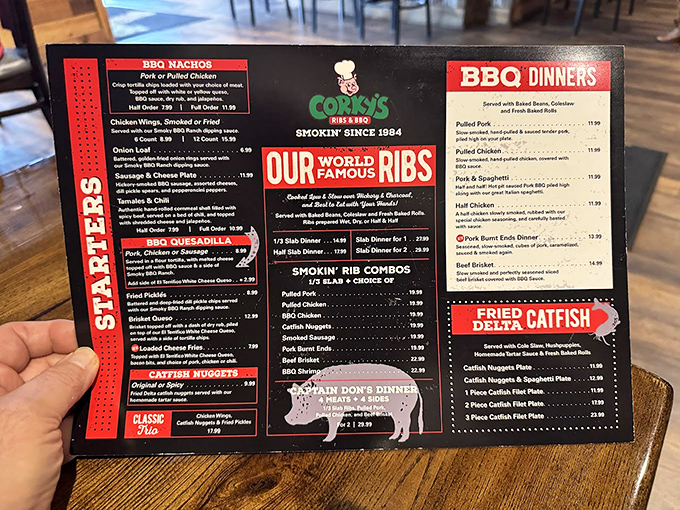 This menu isn't just a list—it's a roadmap to happiness. Choose your own adventure, but remember: all roads lead to ribs.