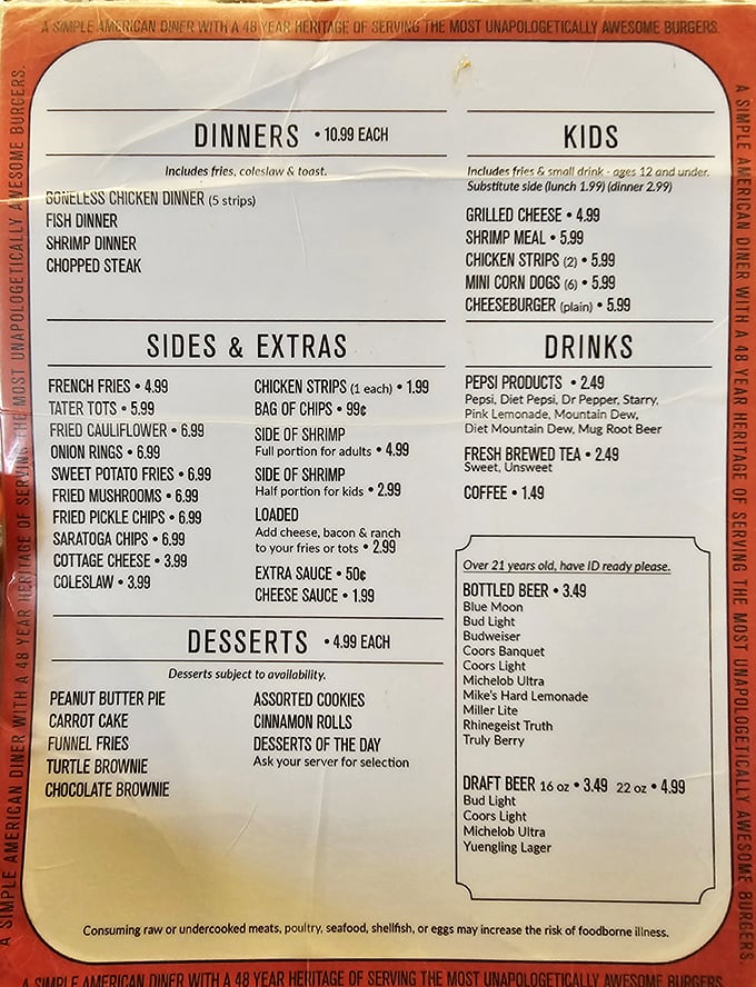 This menu isn't trying to reinvent the wheel—it's perfecting it. From burgers to funnel fries, it's a roadmap to comfort food nirvana.