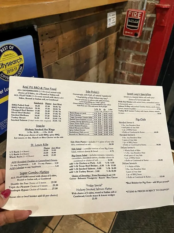 The menu reads like barbecue poetry – a mouthwatering lineup of smoked treasures that makes choosing just one item nearly impossible.
