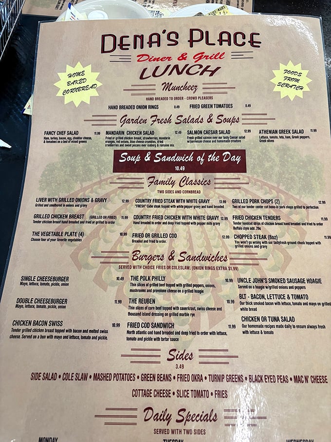 The menu tells the whole story: home-baked cornbread, hand-breaded classics, and family recipes that haven't changed because they don't need to.