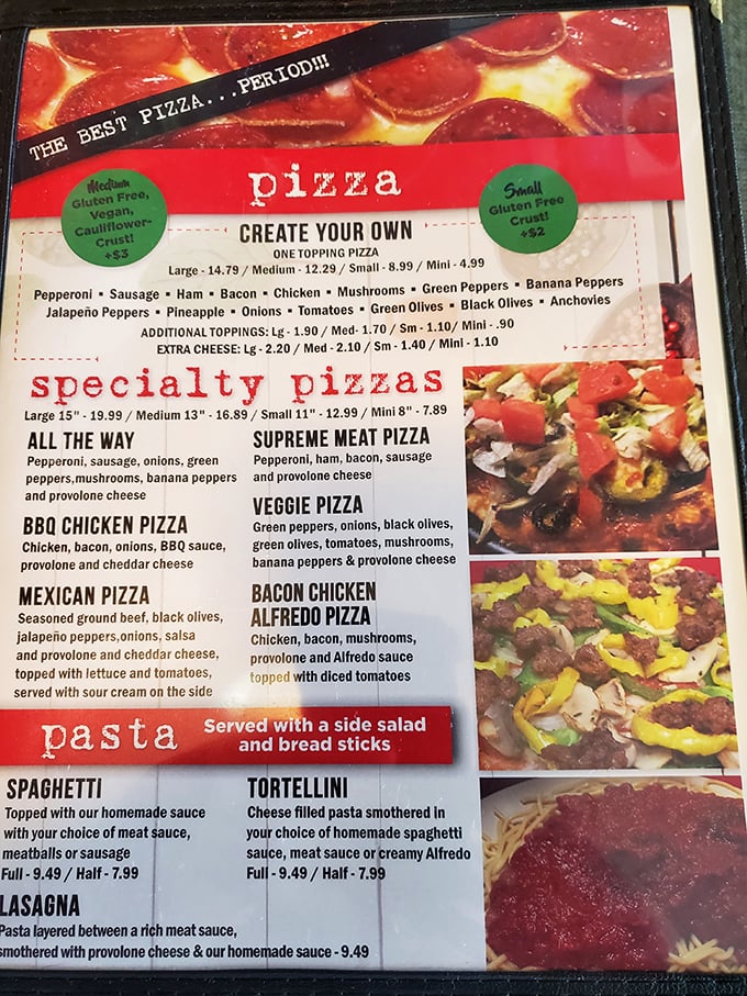 The menu boldly declares "THE BEST PIZZA...PERIOD!!!" – a claim that locals don't even bother arguing with anymore.